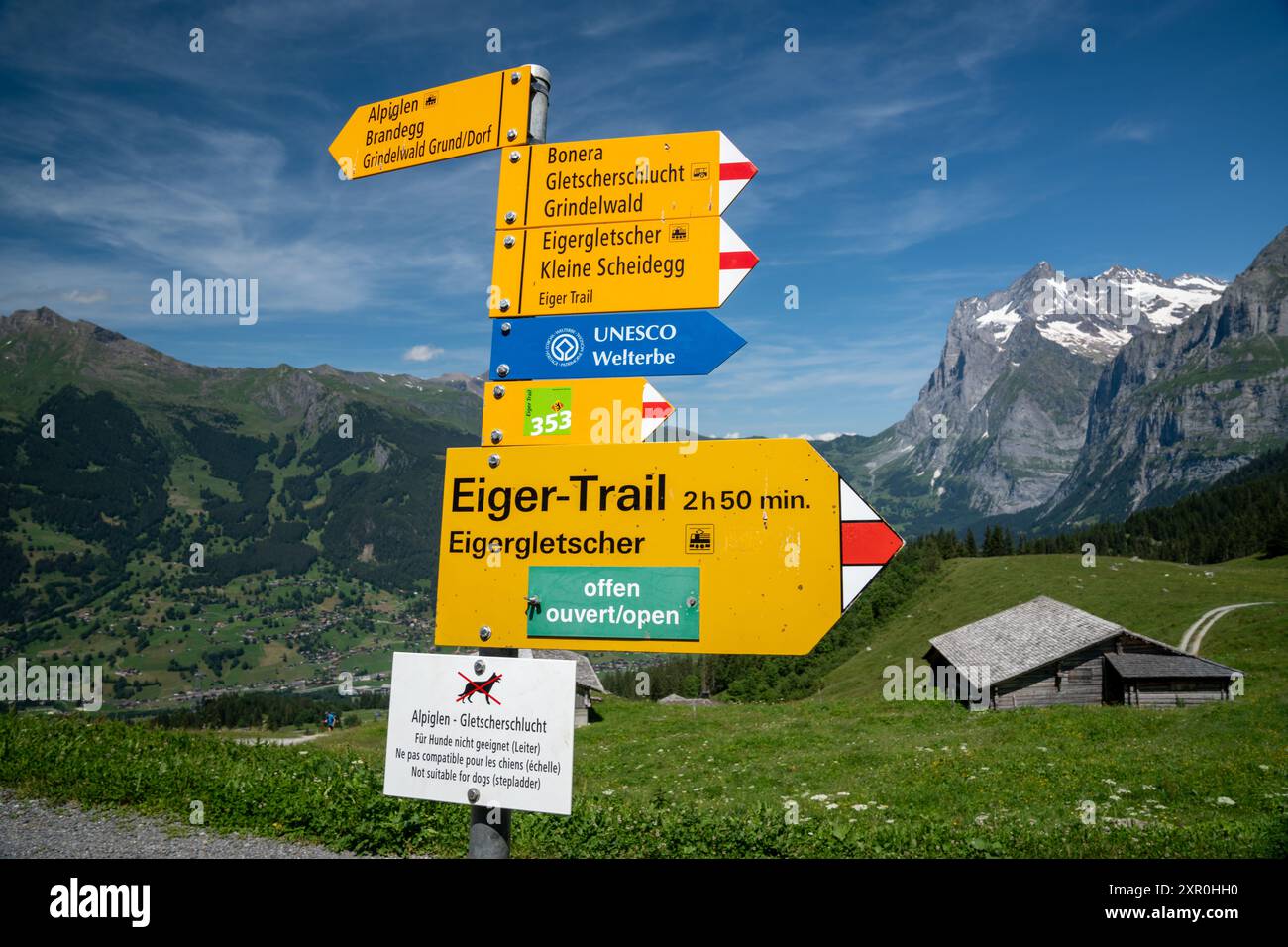 Grindelwald, Switzerland - July 25, 2024: Trailhead signs for various ...