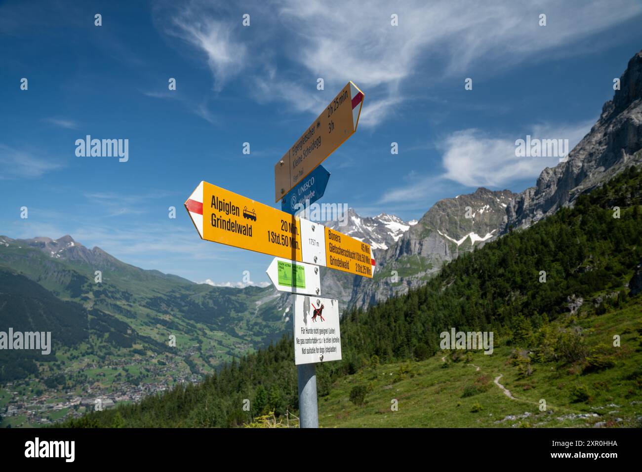 Grindelwald, Switzerland - July 25, 2024: Trailhead signs for various ...