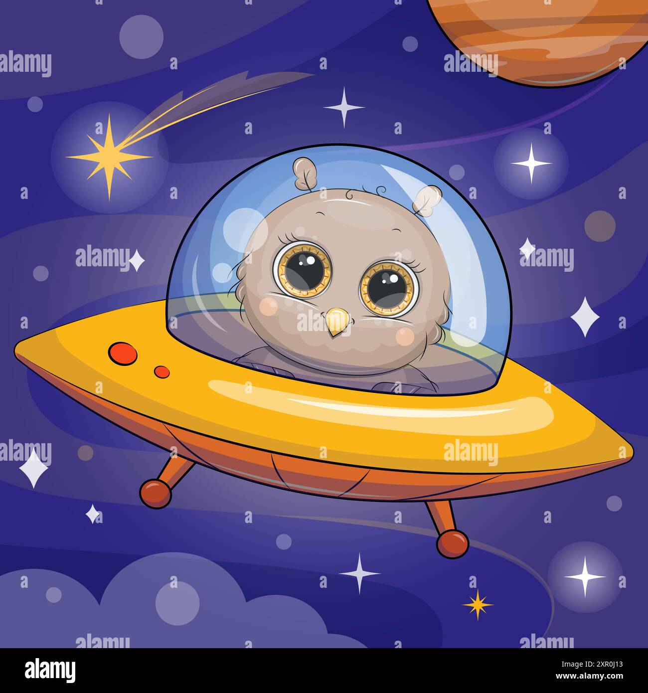 Cute cartoon owl in a spaceship. Vector illustration of an animal in ...
