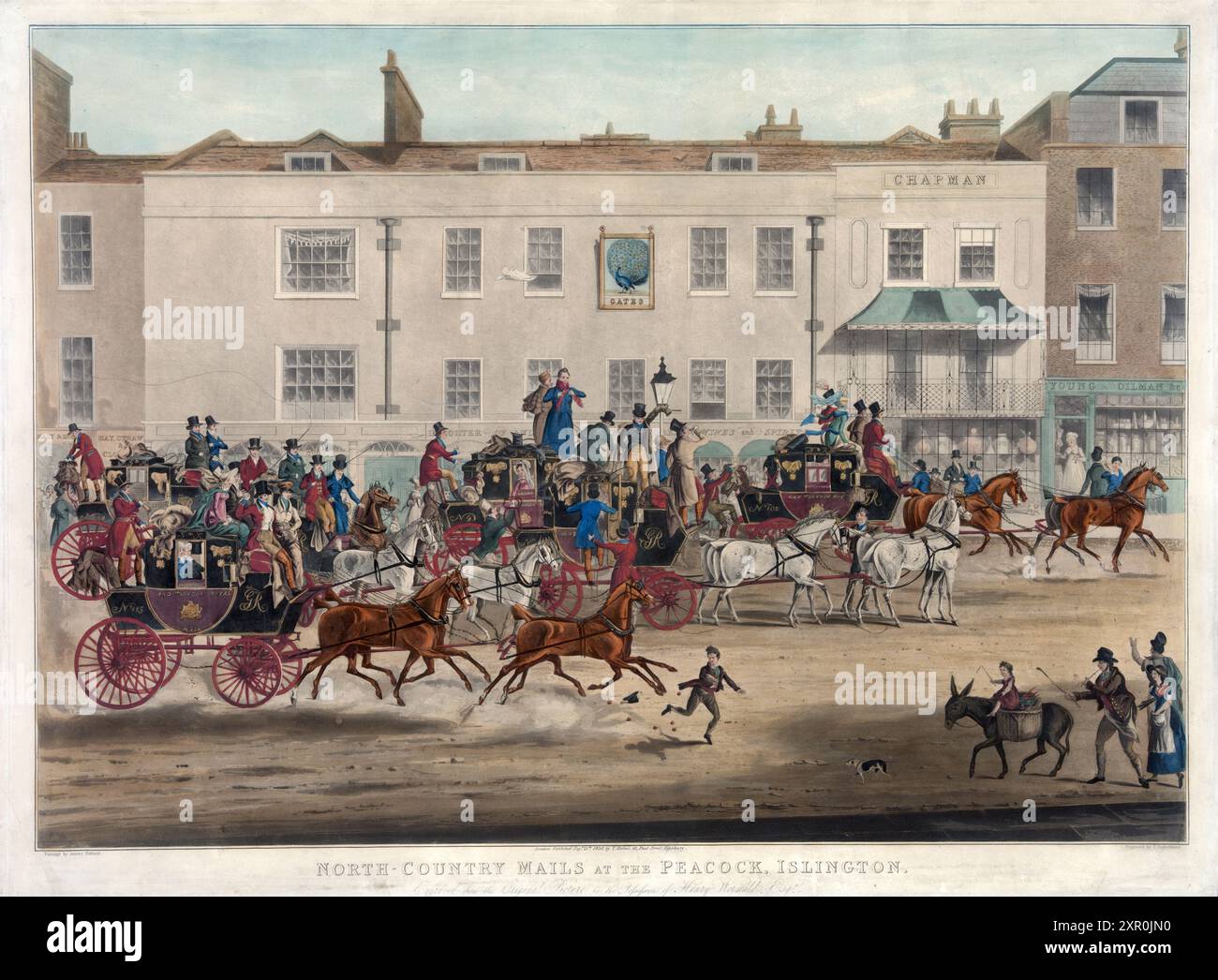 A print coloured engraving of North Country mails at the Peacock ...