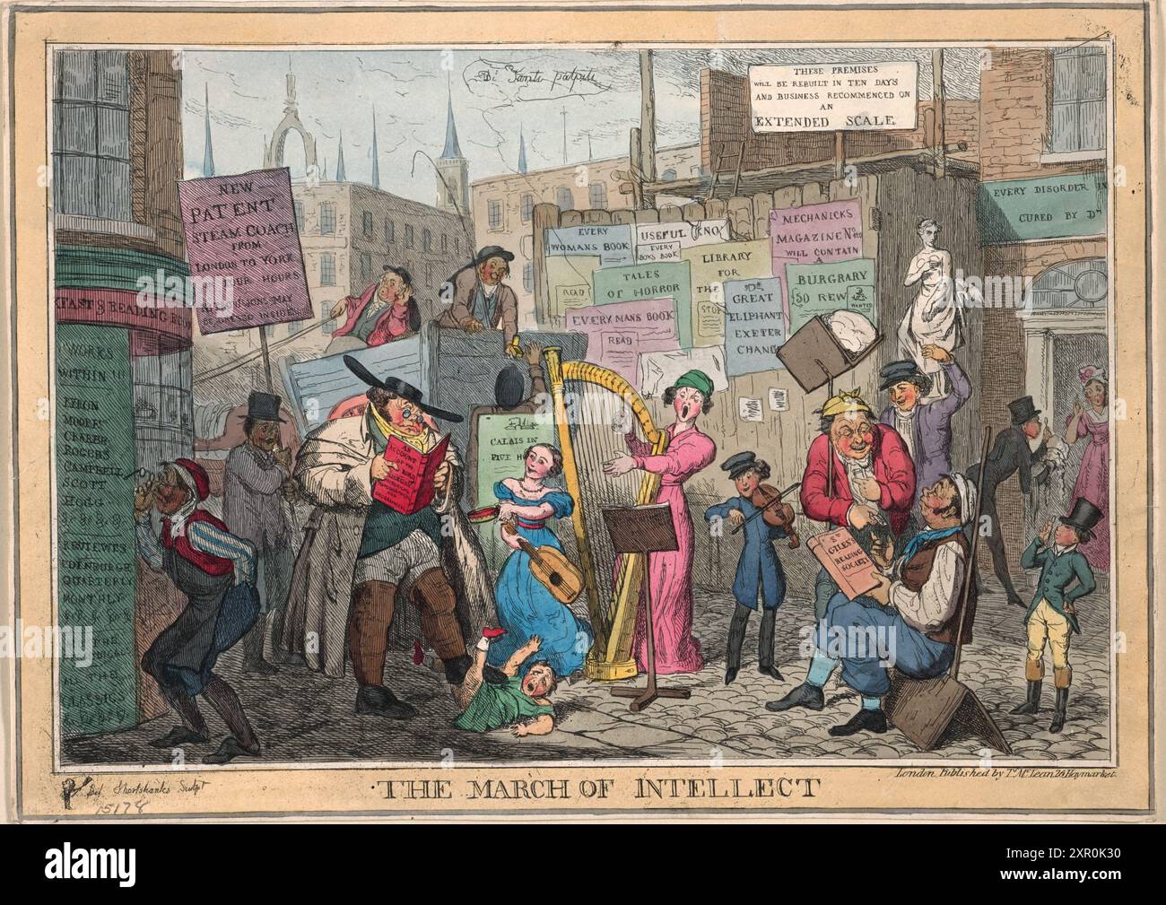 A humorous cartoon print coloured engraving of The March of Intellect a ...