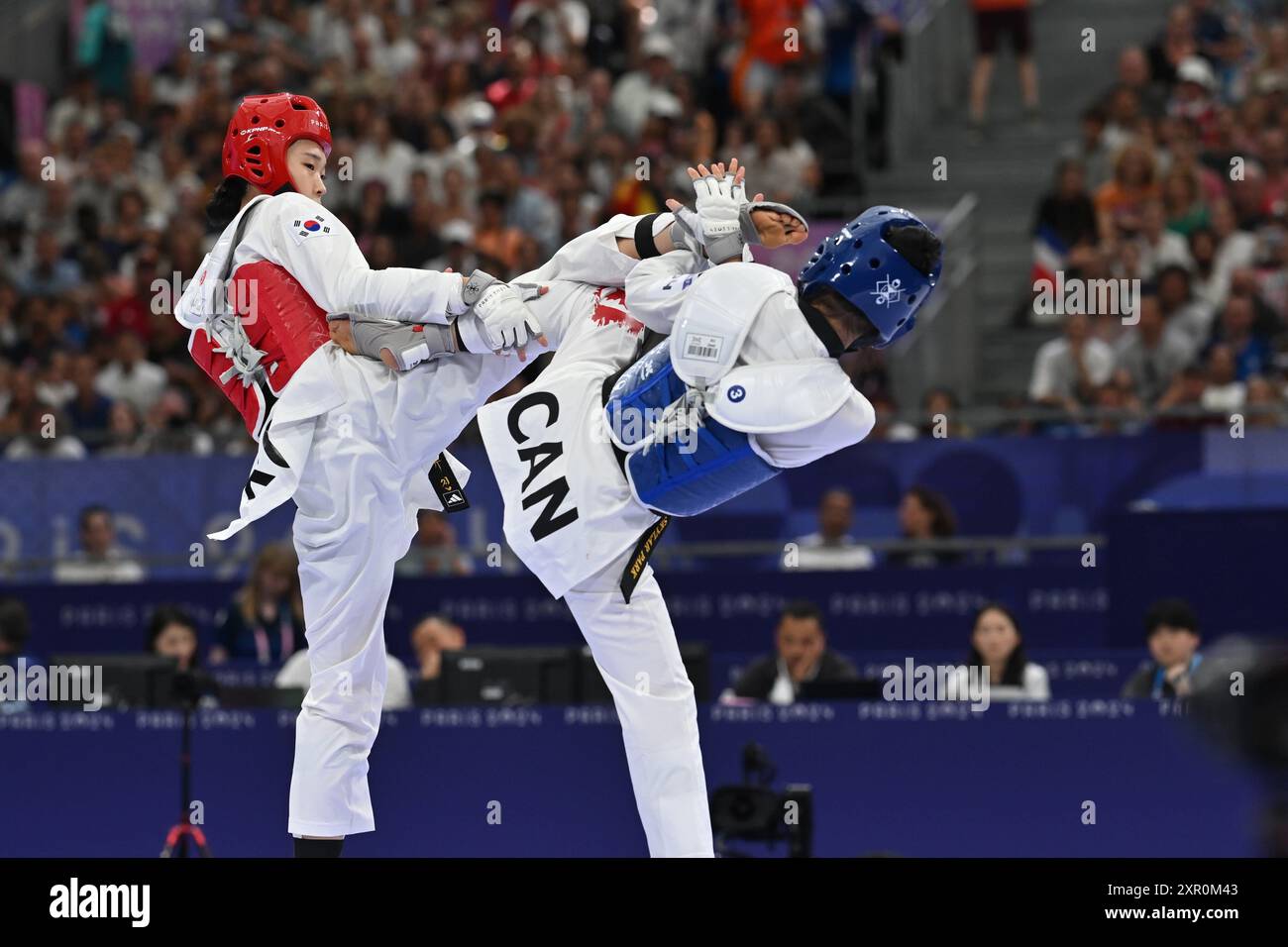 Paris, France. 08th Aug, 2024. Skylar Park of Canada vs Yujin Kim of Korea, Taekwondo, Women ...