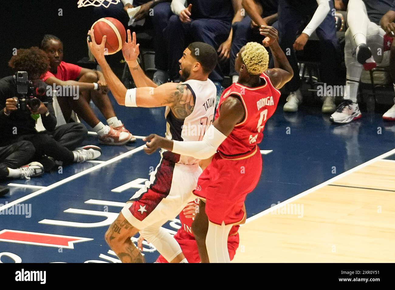 Isaac Bonga of Germany and Jayson Tatum of USA during the International Friendly basketball ...
