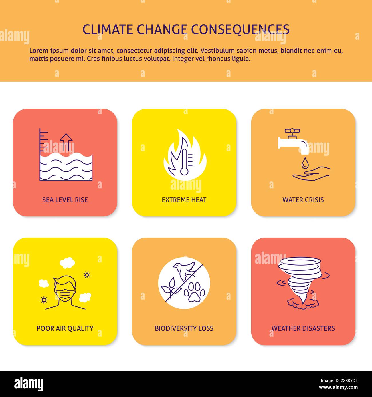Climate change consequences banner template with place for text. Global warming, sea level rise ...