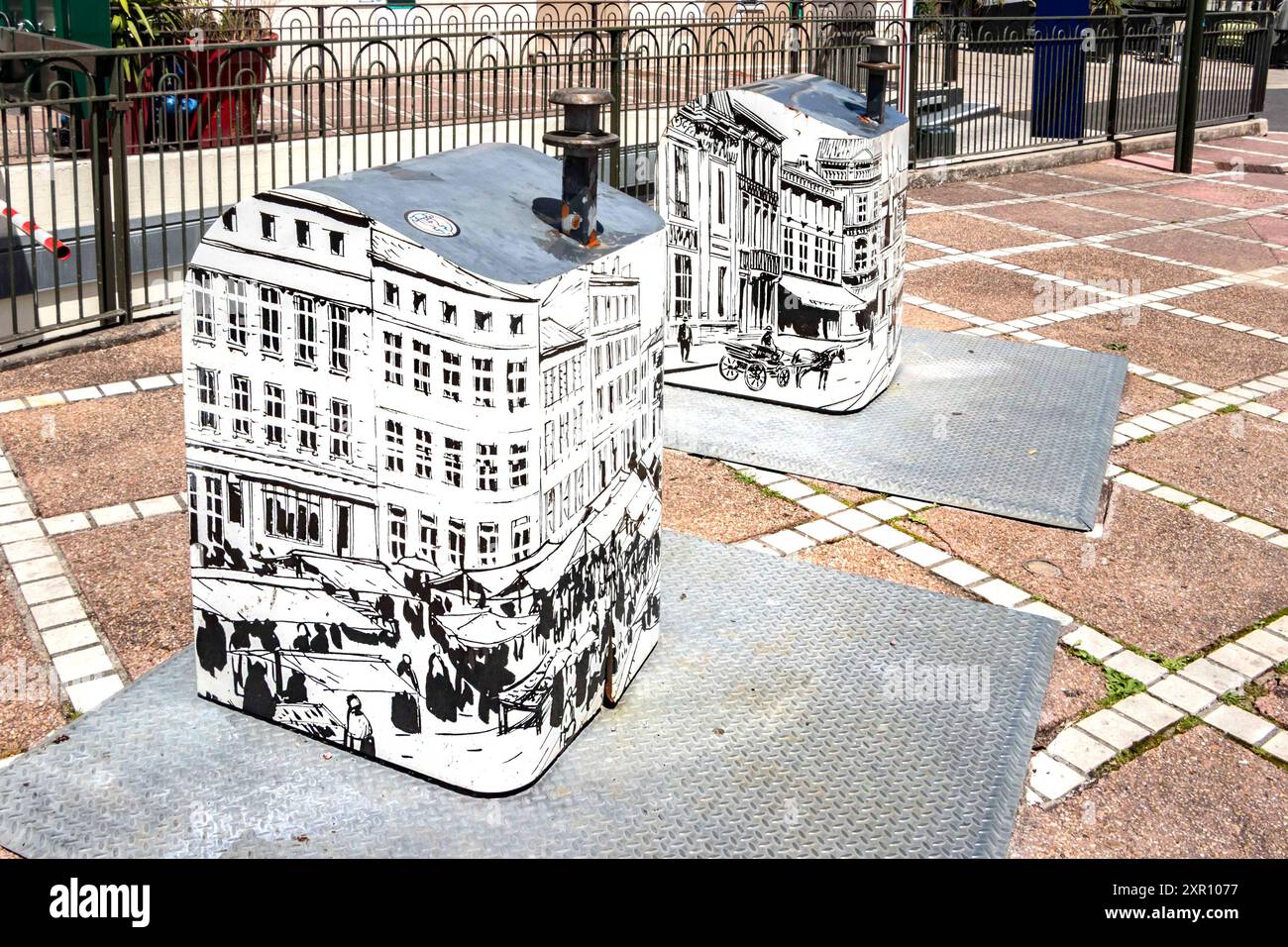 Public square with artistic urban art installations resembling ...