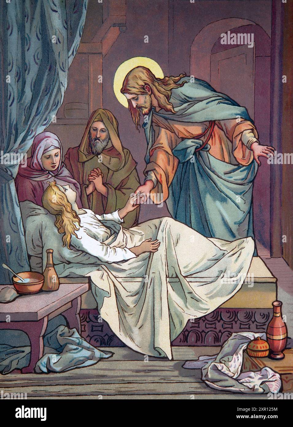 Illustration of Jesus Raising up the Daughter of Jairus from Antique ...