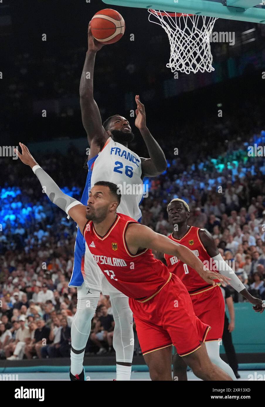 Paris, France. 08th Aug, 2024. France's center Mathias Lessort shoots ...