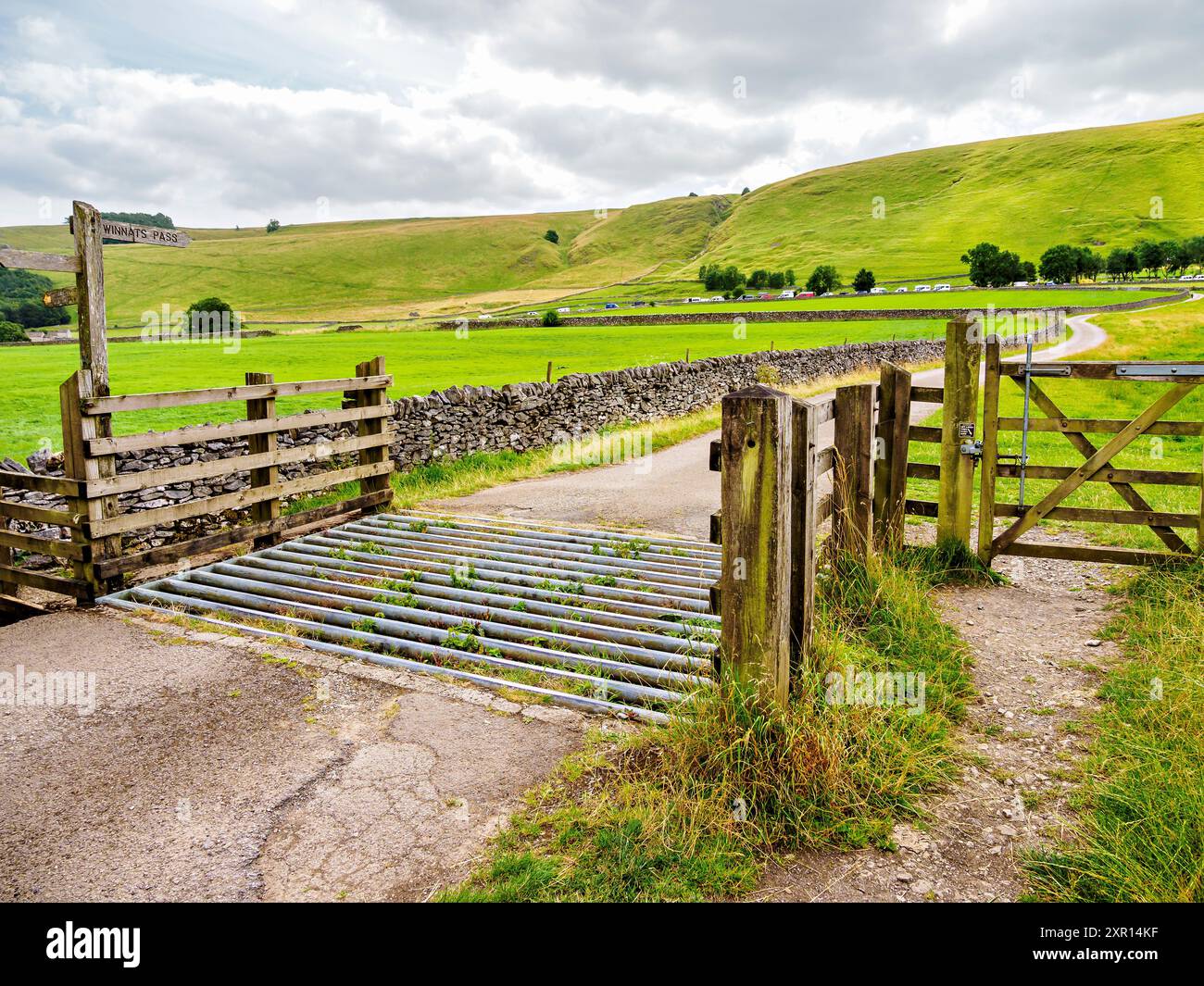 Scenic rural path with cattle grid and wooden gate leading through lush ...