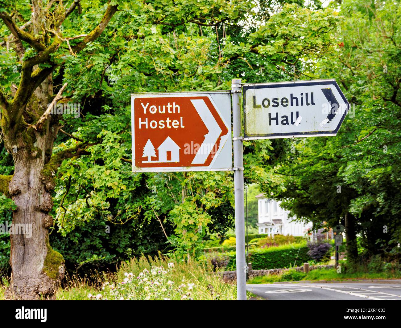 Guide signs point to a youth hostel and Losehill Hall amidst a scenic rural landscape with lush ...