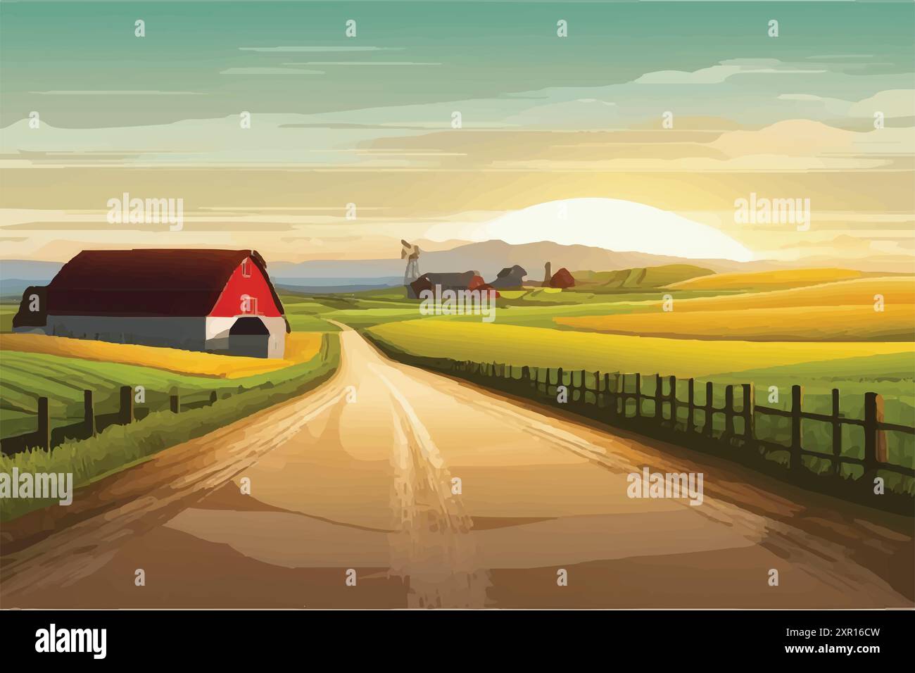 Farm Landscape. Road to a peaceful farm. summer fields. Vector ...