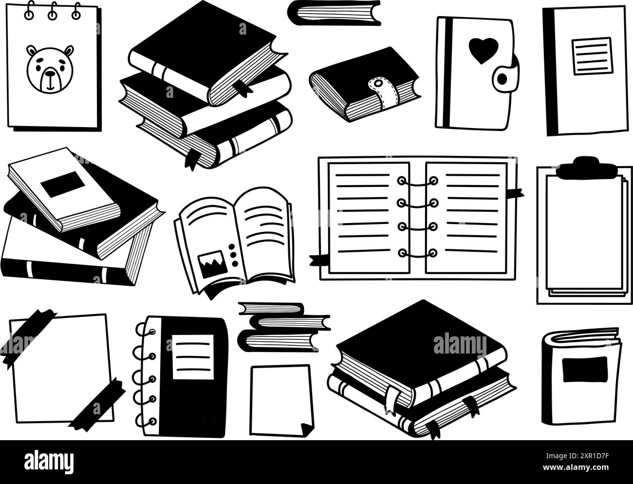 Books doodles. Notebooks, magazines, closed and open, stacks folded ...