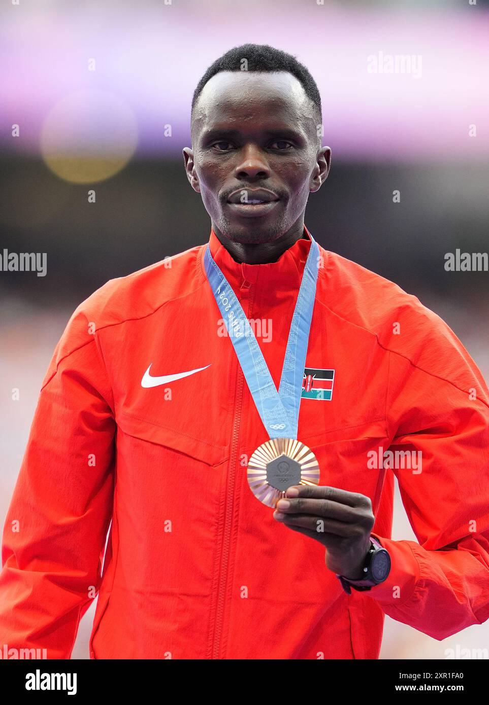 Paris, France. 8th Aug, 2024. Bronze medalist Abraham Kibiwot of Kenya ...