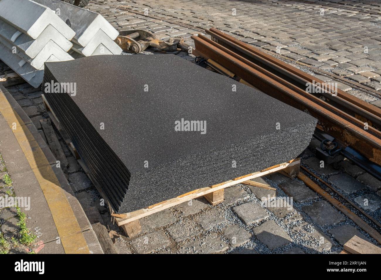 pneumatic pad at a construction site of tram tracks in a European city ...