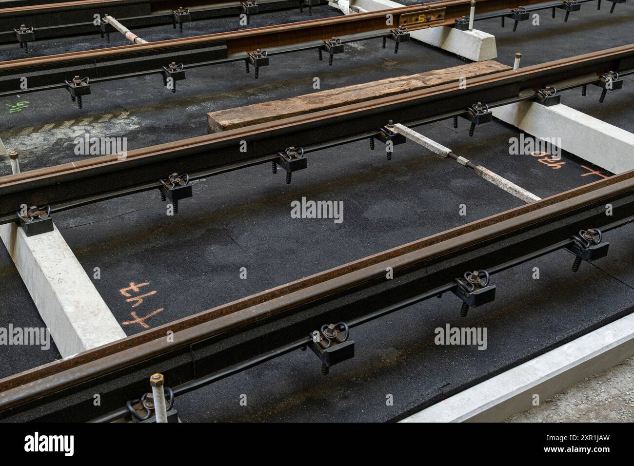 pneumatic pad at a construction site of tram tracks in a European city ...