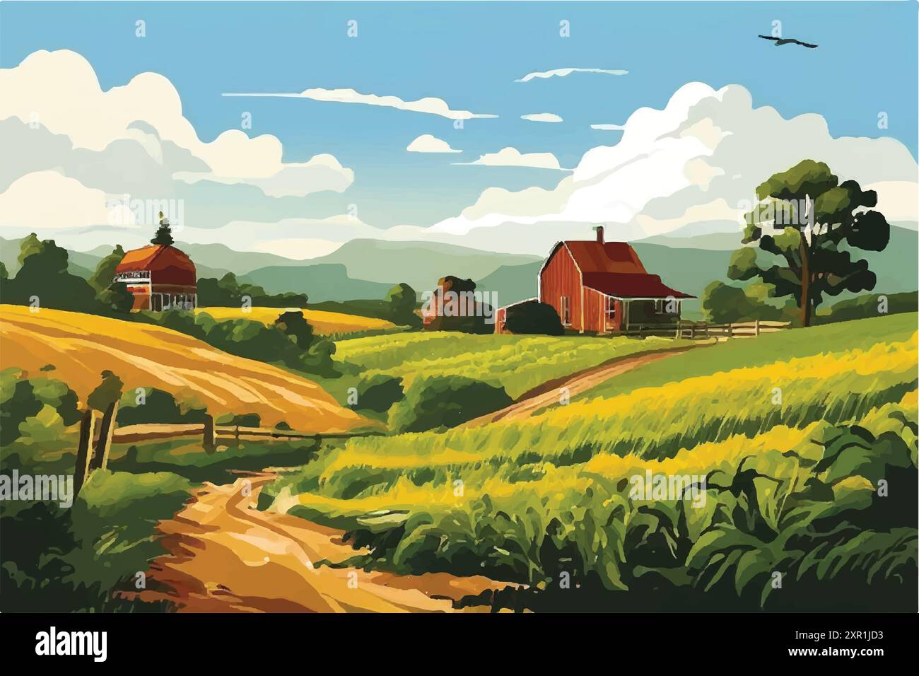 Farm Landscape. Road to a peaceful farm. summer fields. Vector ...