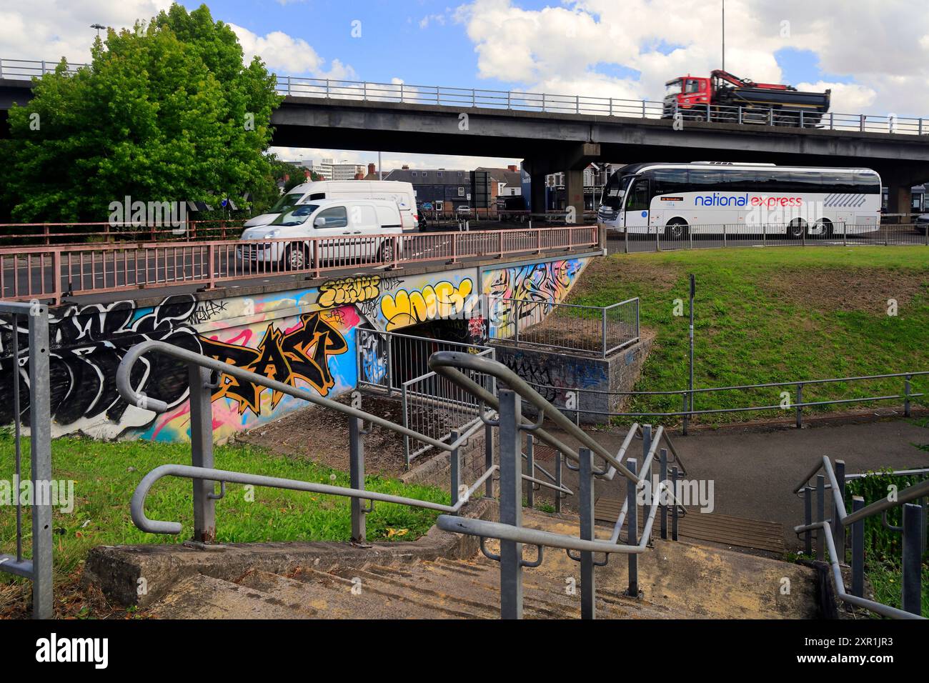 Colourful graffiti and traffic at Gabalfa Interchange roundabout and ...