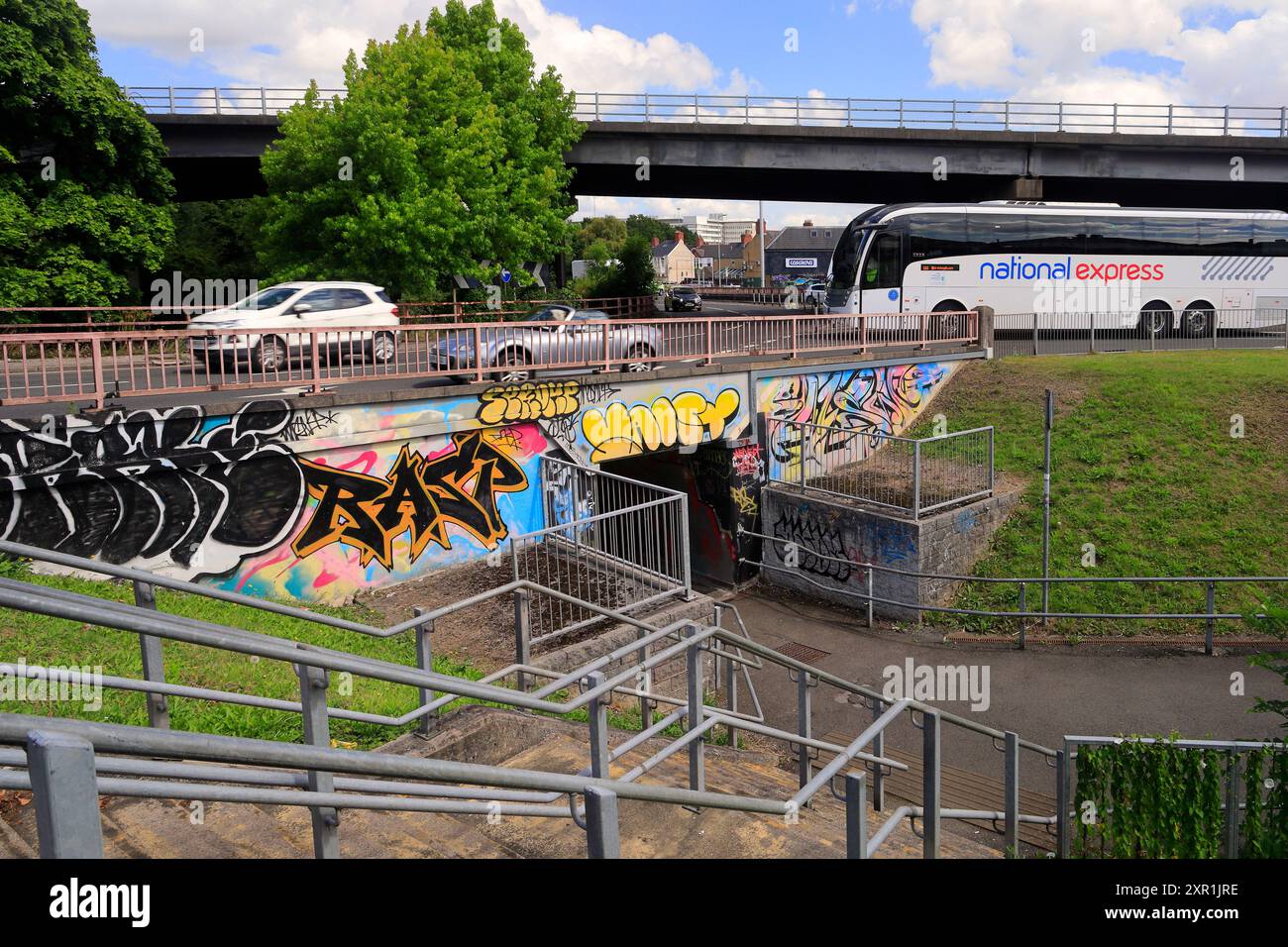 Colourful graffiti and traffic at Gabalfa Interchange roundabout and ...