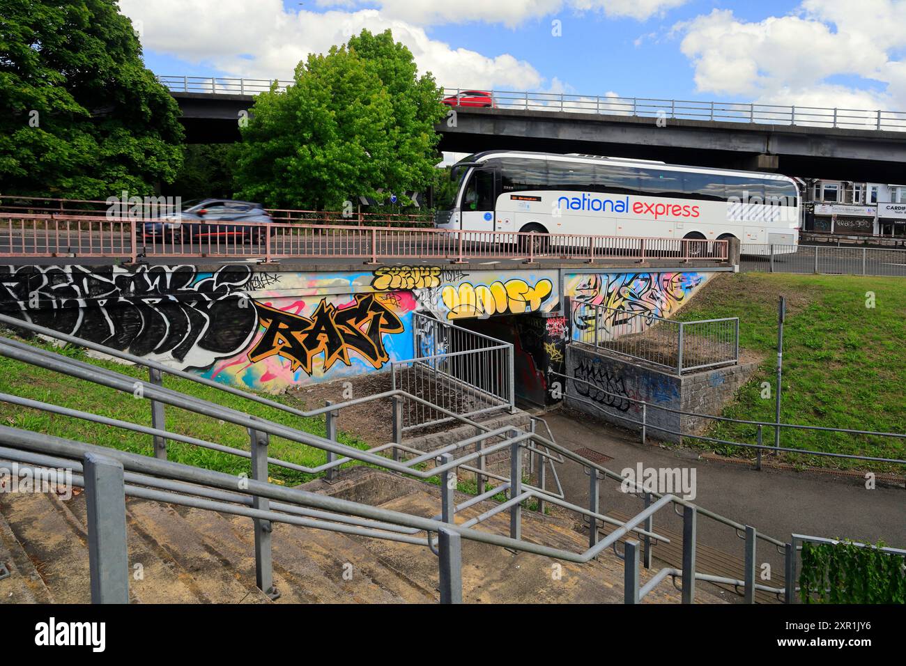 Colourful graffiti and traffic at Gabalfa Interchange roundabout and ...