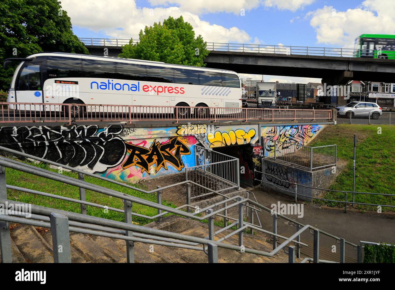Colourful graffiti and traffic at Gabalfa Interchange roundabout and ...