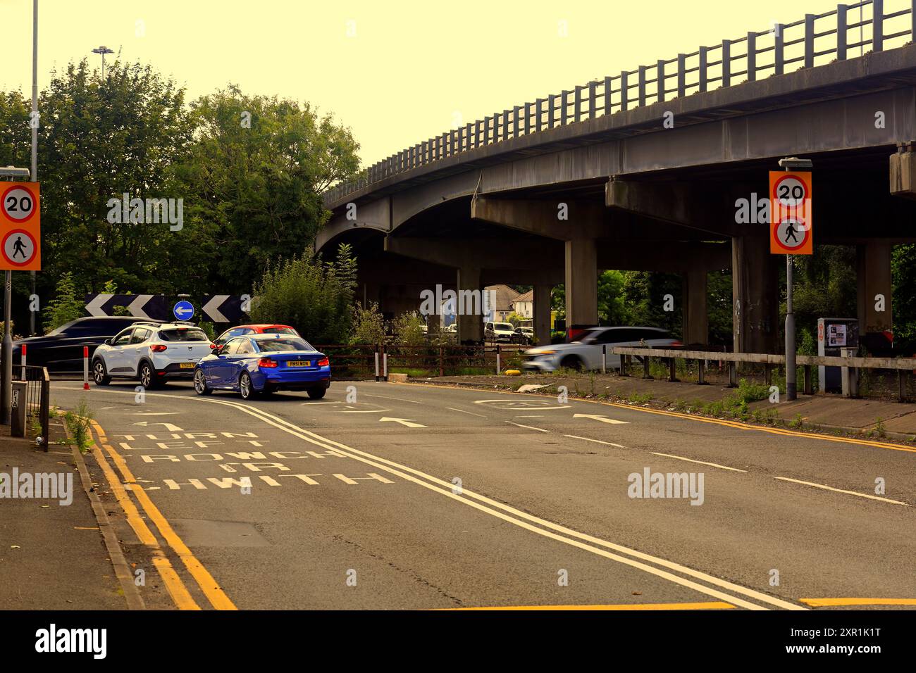 Traffic at Gabalfa interchange, flyover and roundabout with 20mph speed ...