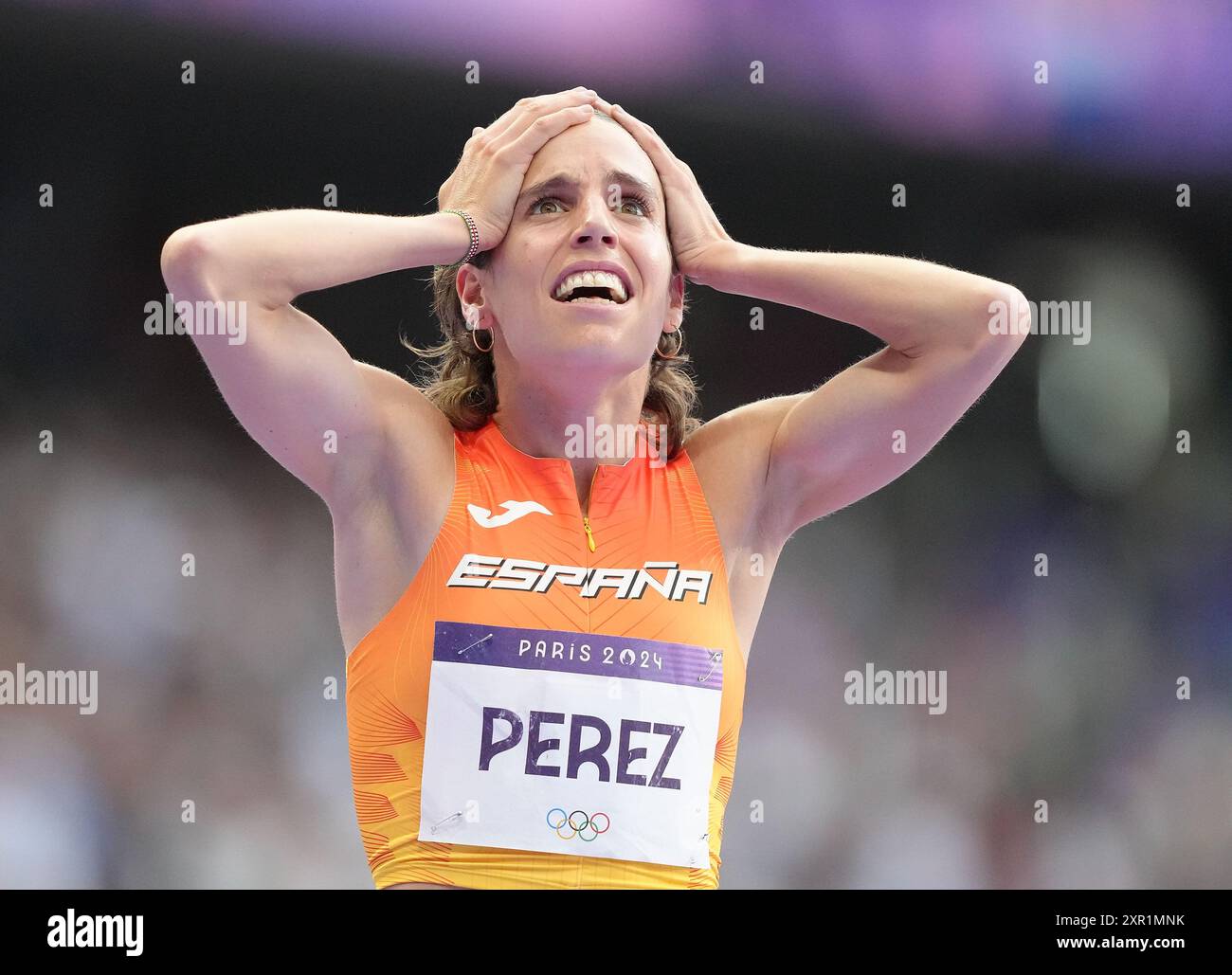 Paris, France. 8th Aug, 2024. Marta Perez of Spain reacts after the women's 1500m semi-final of ...
