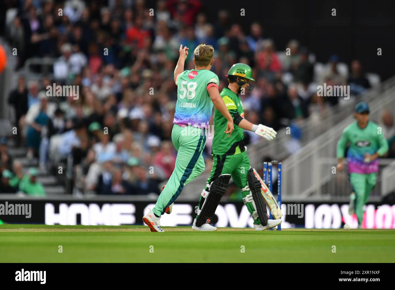 London, England. 8th Aug 2024. Sam Curran celebrates after bowling Alex ...
