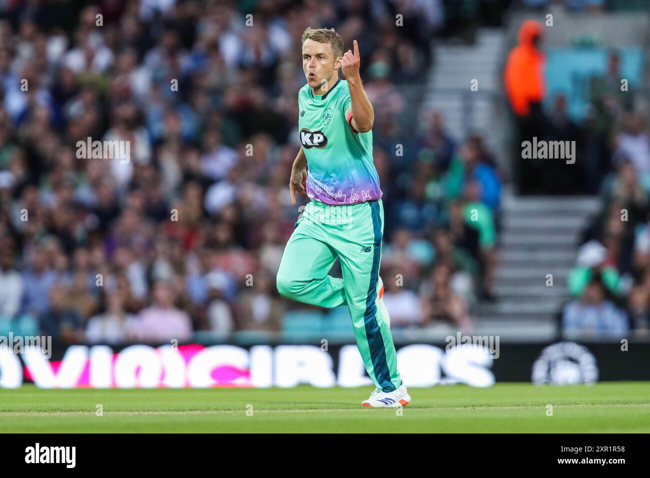 Sam Curran of Oval Invincibles celebrates after dismissing Alex Davies ...