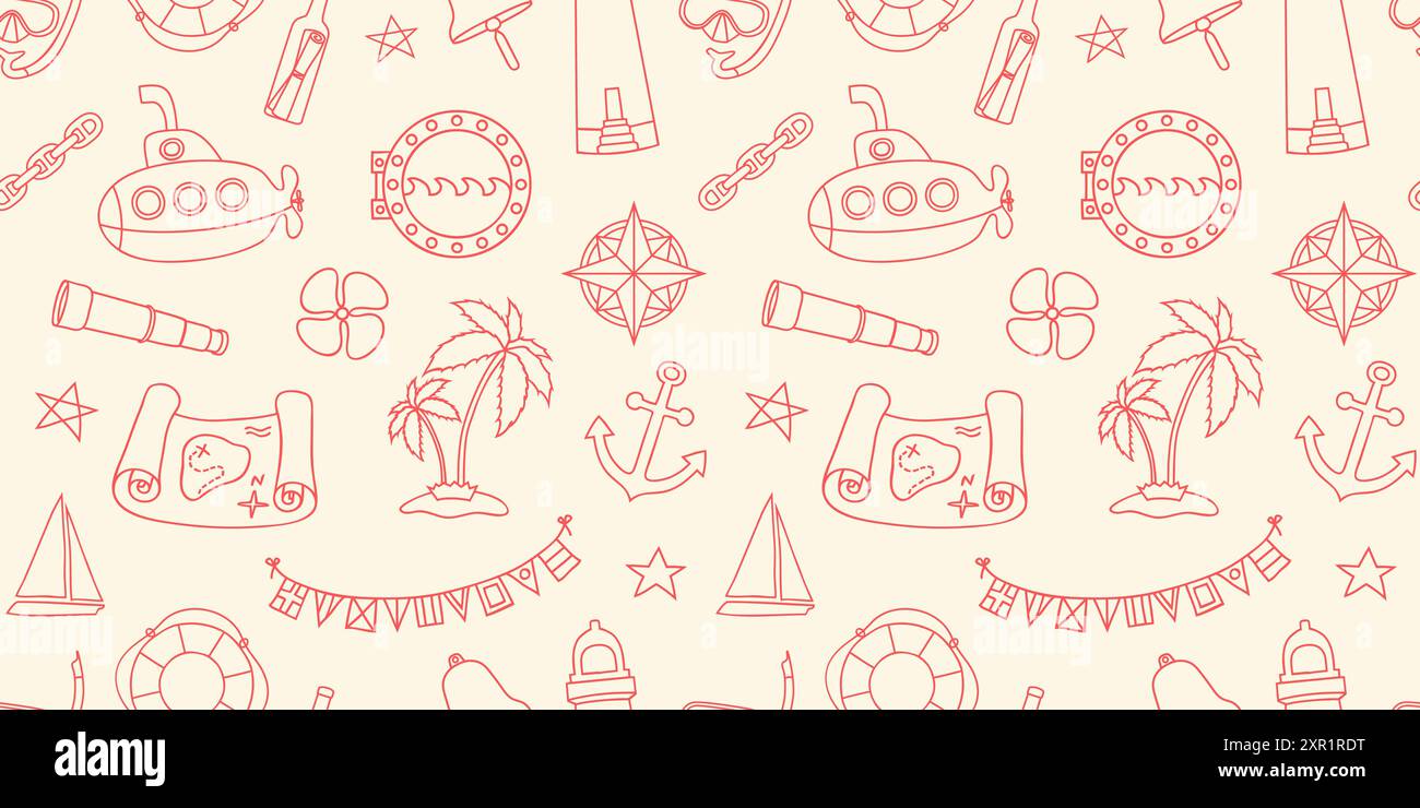 Nautical style seamless wallpaper with hand drawn elements in line art ...