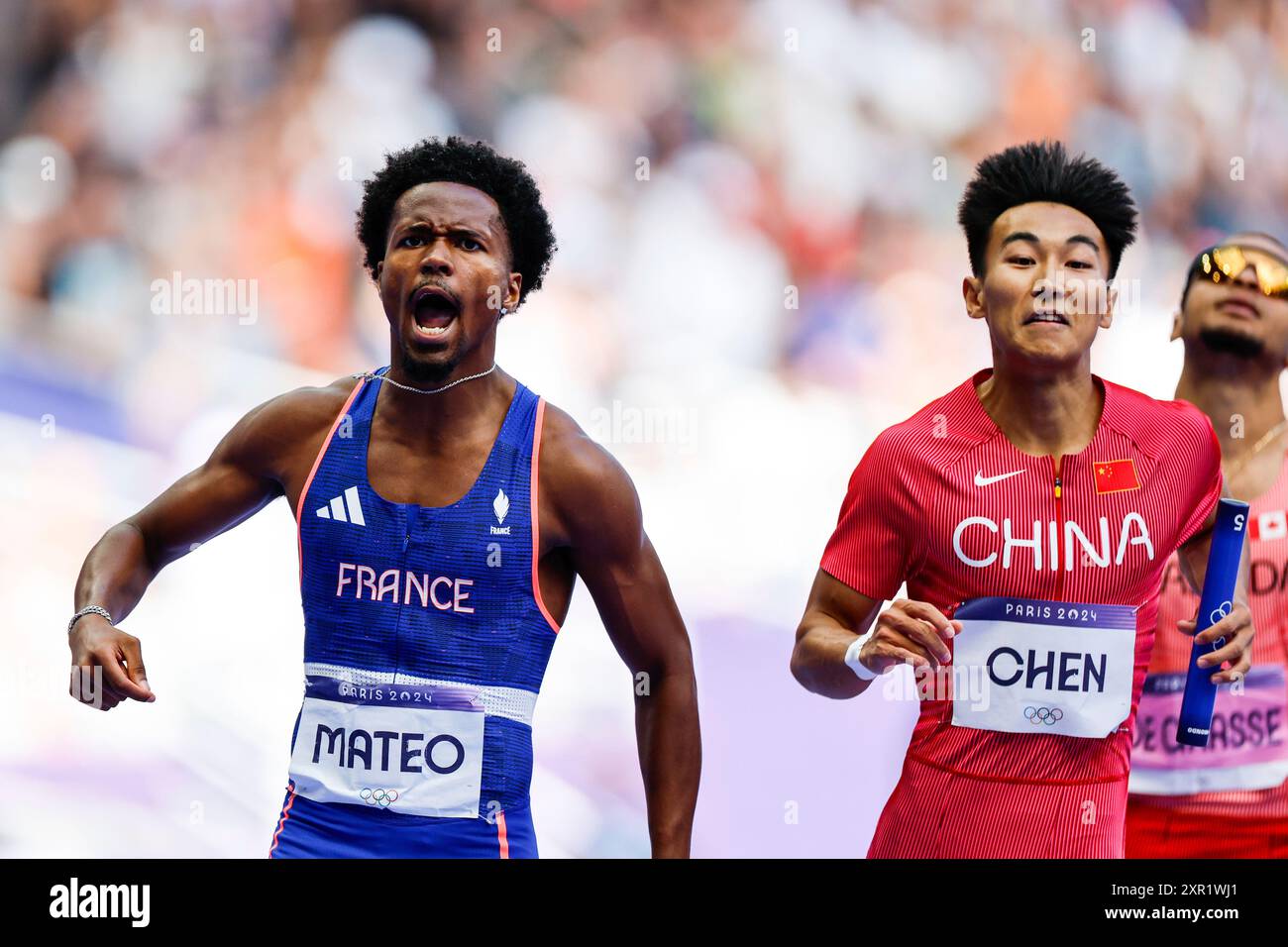 Pablo Mateo of France competes during Men's 4 x 100m Relay Round 1 of ...