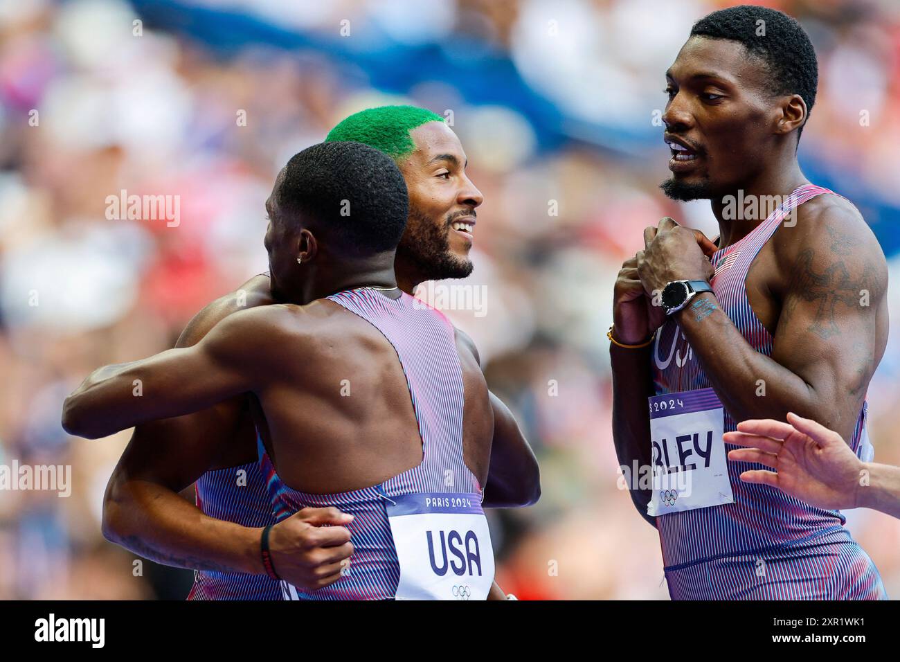 Courtney Lindsey of United States competes during Men's 4 x 100m Relay ...