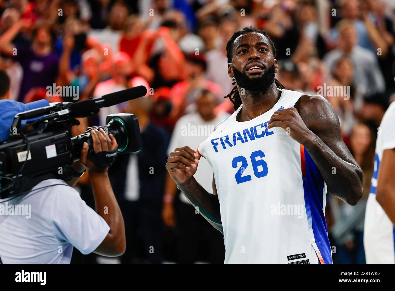 Mathias Lessort of France celebrates after winning the Men's Semifinal ...