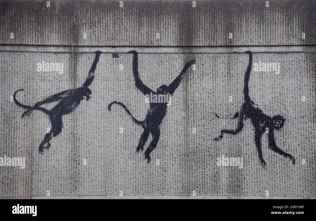 London, UK. 8th August 2024. A new artwork by Banksy on a bridge in ...