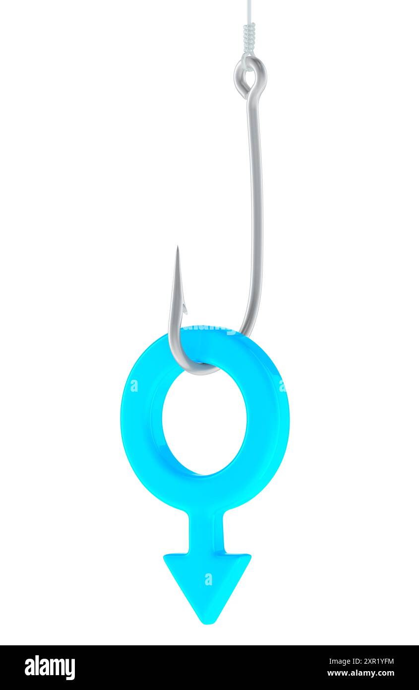 Blue male gender symbol on the fishing hook, 3D rendering isolated on ...
