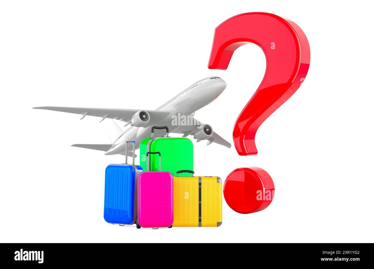 Question mark and airplane with suitcases. Fly Travel concept. 3D ...