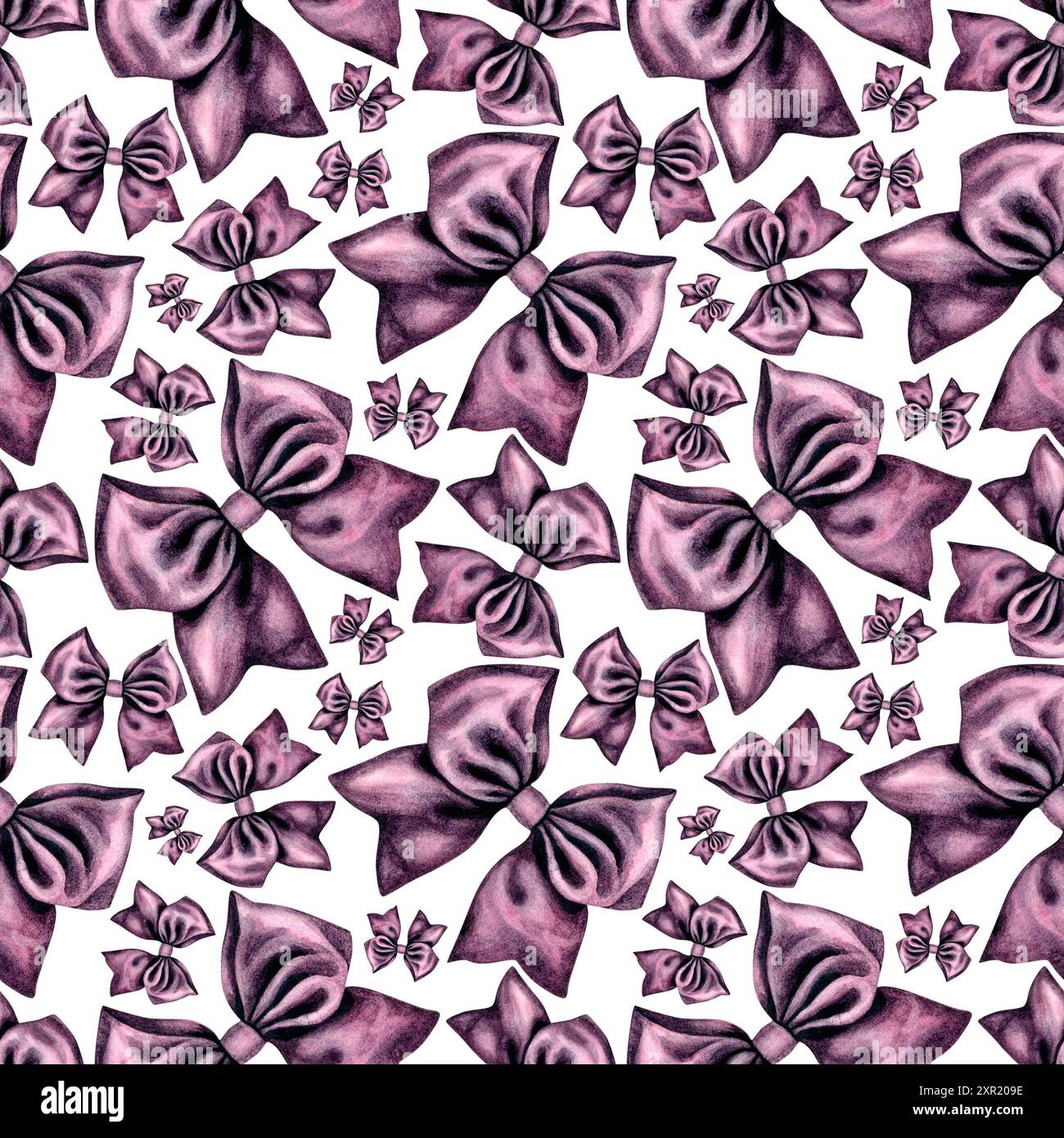 Purple bows on a white background are made with watercolors as a ...