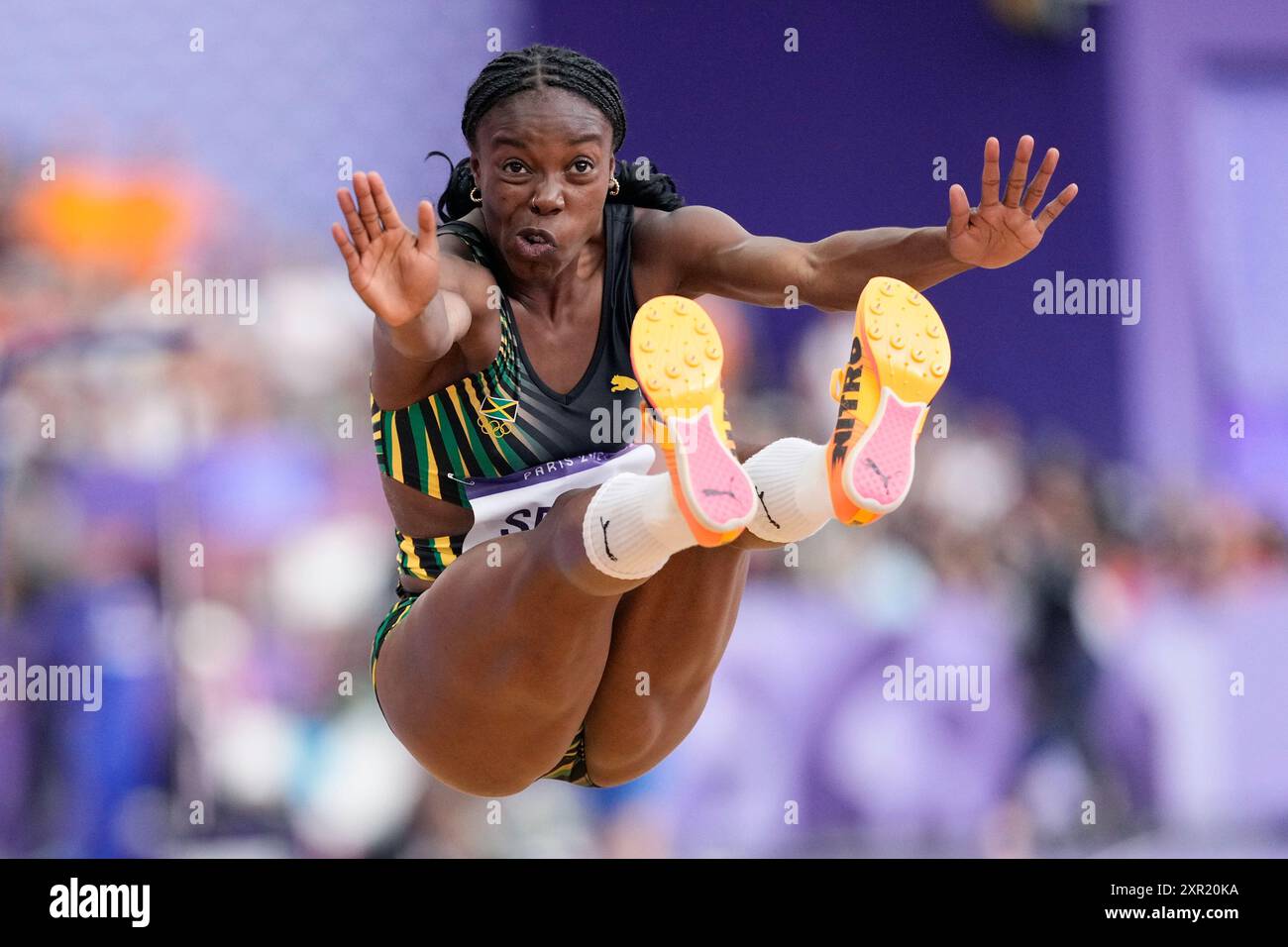 Ackelia Smith, of Jamaica, competes during the women's long jump final ...