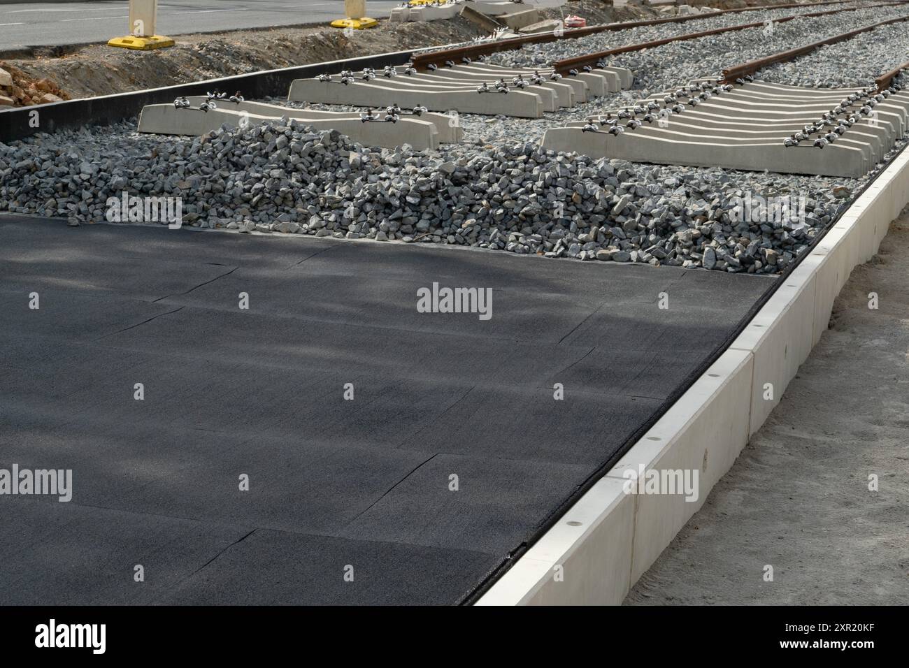 pneumatic pad at a construction site of tram tracks in a European city ...