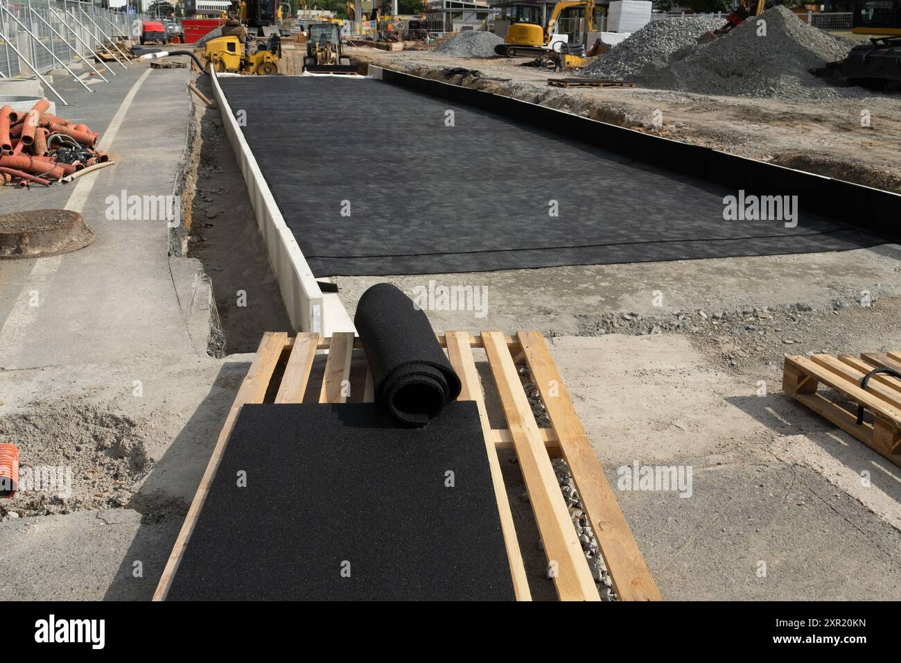 pneumatic pad at a construction site of tram tracks in a European city ...