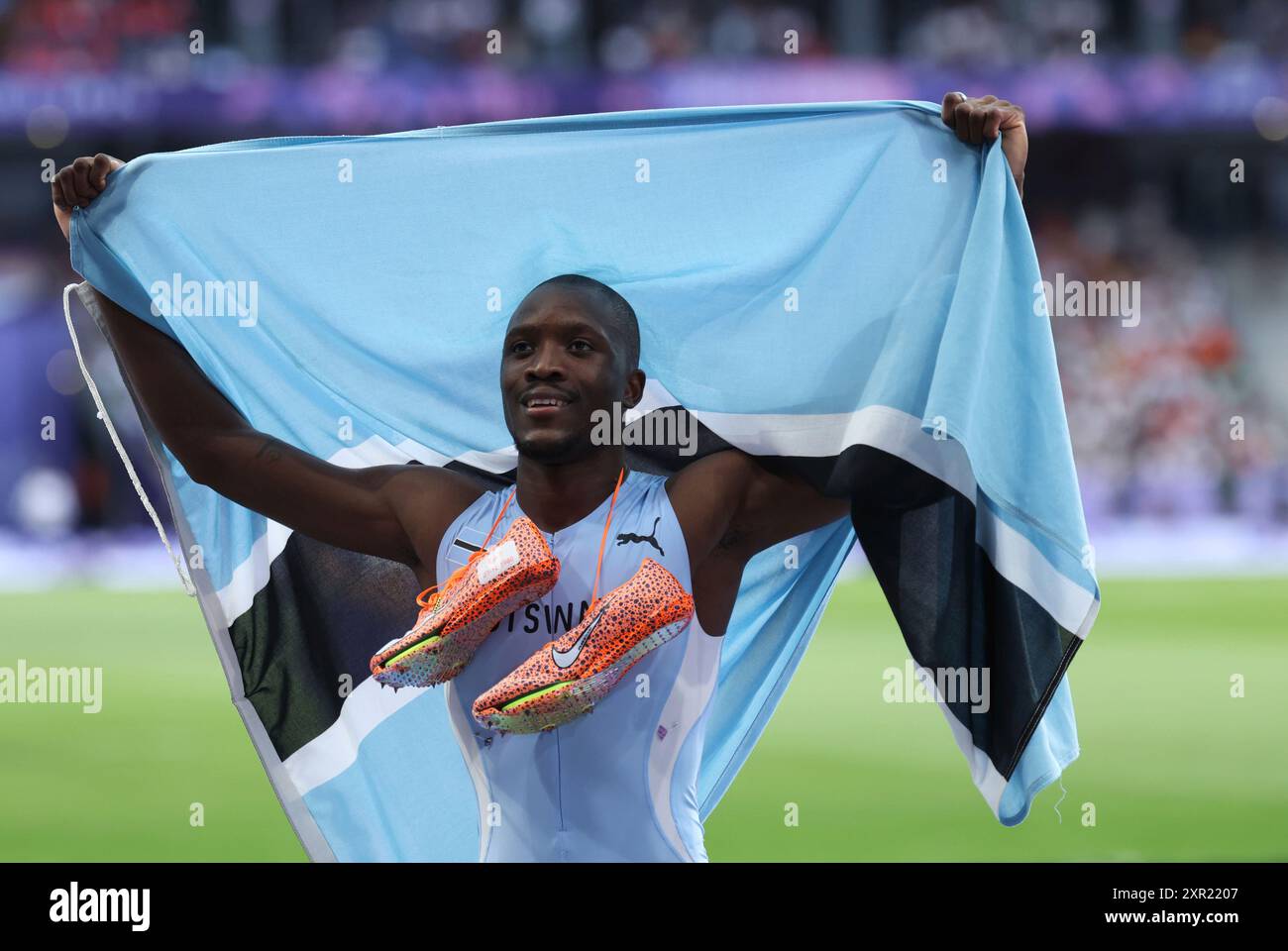 TEBOGO Letsile of Botswana reacts after winning the men's athletics ...