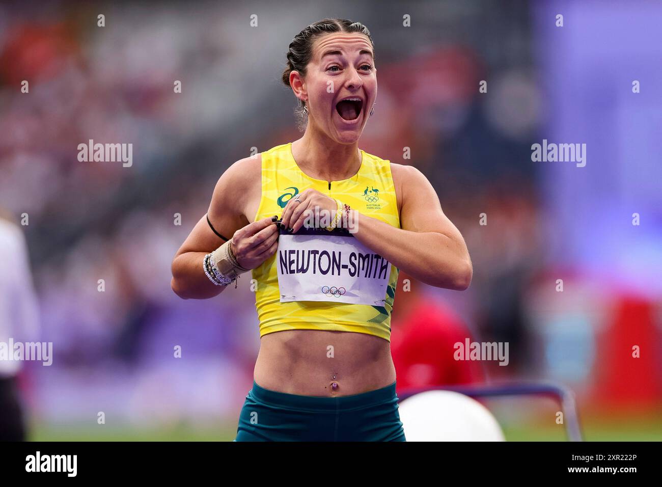 PARIS, FRANCE - AUGUST 08: Camryn Newton-Smith of Australia reacts during the Women's Heptathlon ...