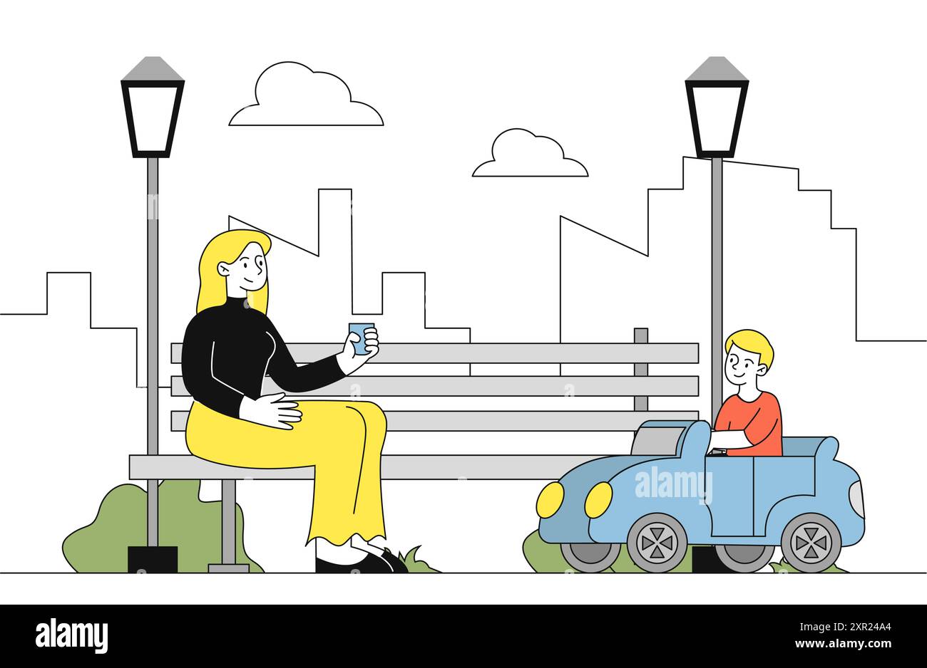 Boy rides car. Mother sits on bench and looks at her son on childrens ...