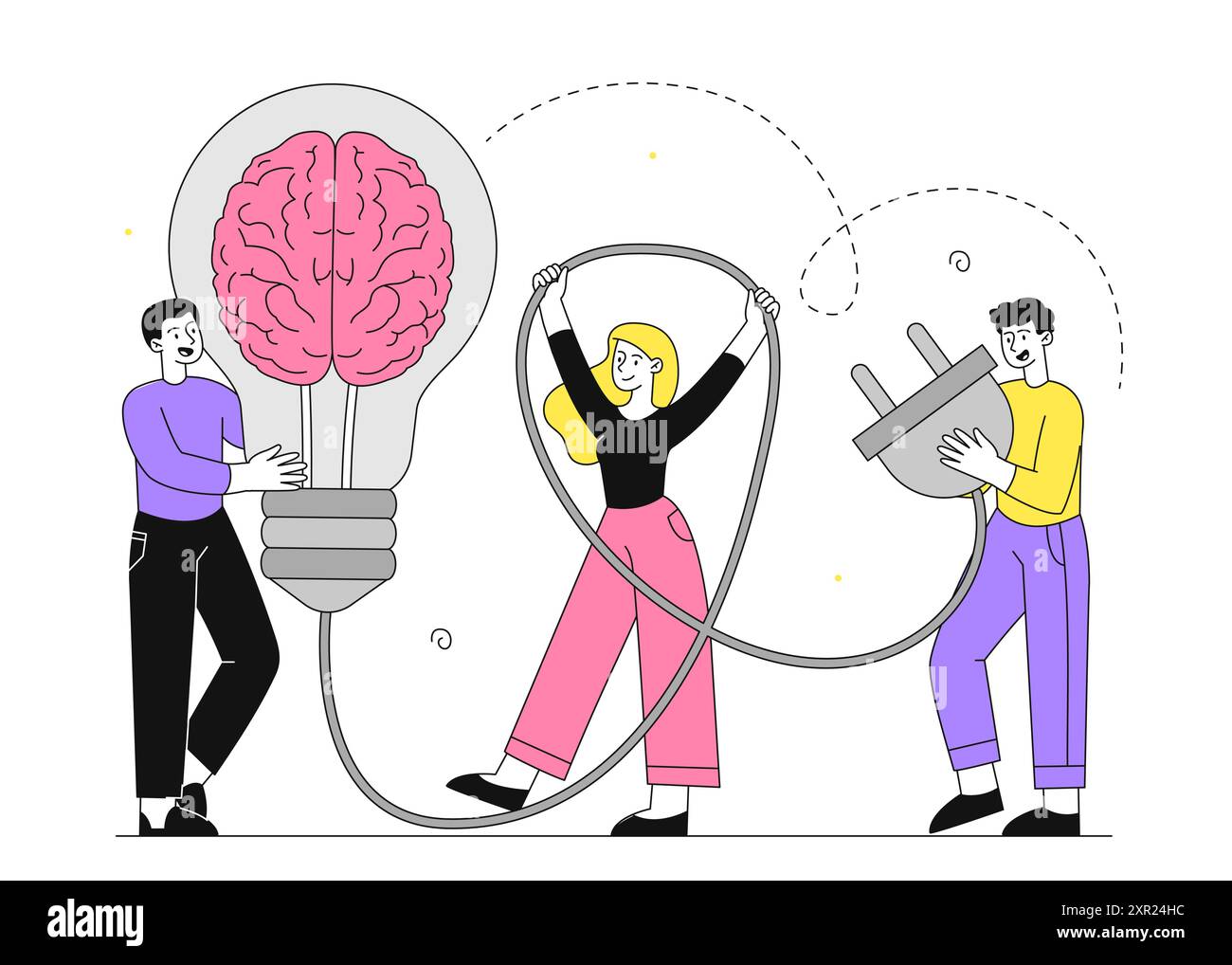 Brain power switch. Man and woman with electric plug near brain ...