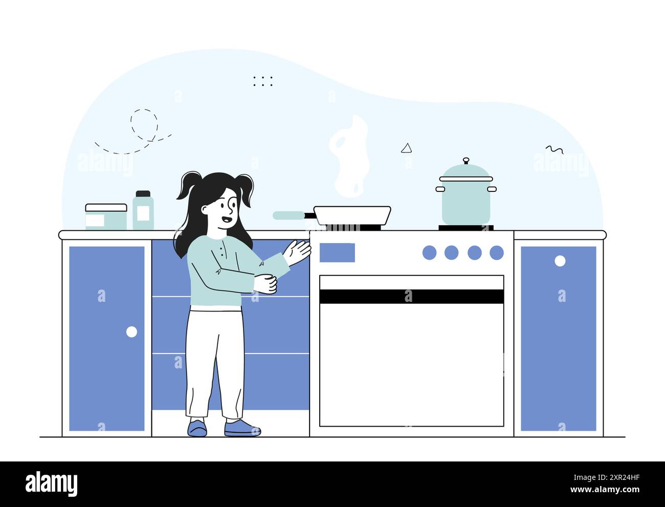 Child in kitchen. Little girl stands in kitchen holding stove and ...