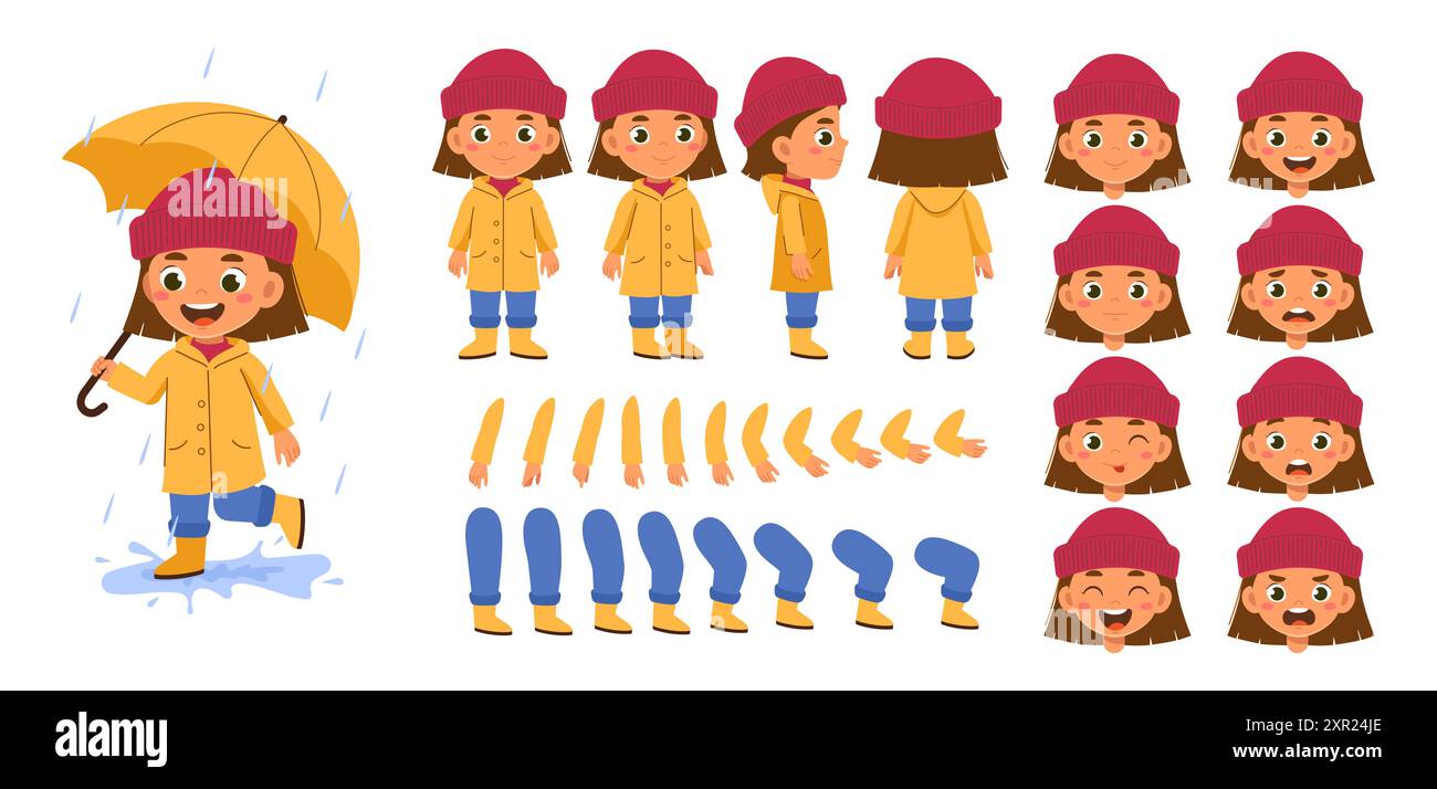 Autumn girl constructor set. Happy child running with umbrella in ...