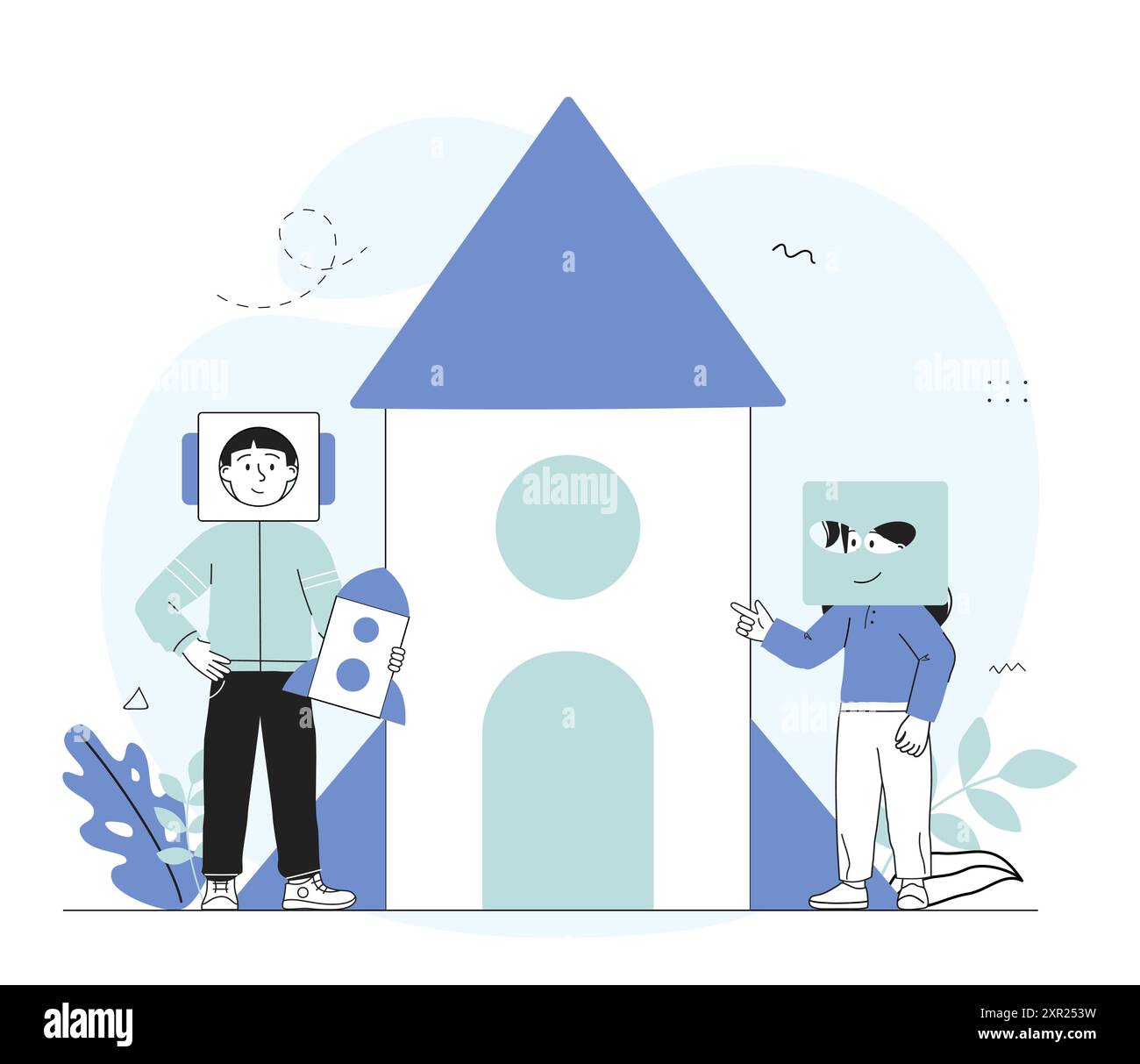 Children play astronauts. Boy and girl near cardboard rocket ...
