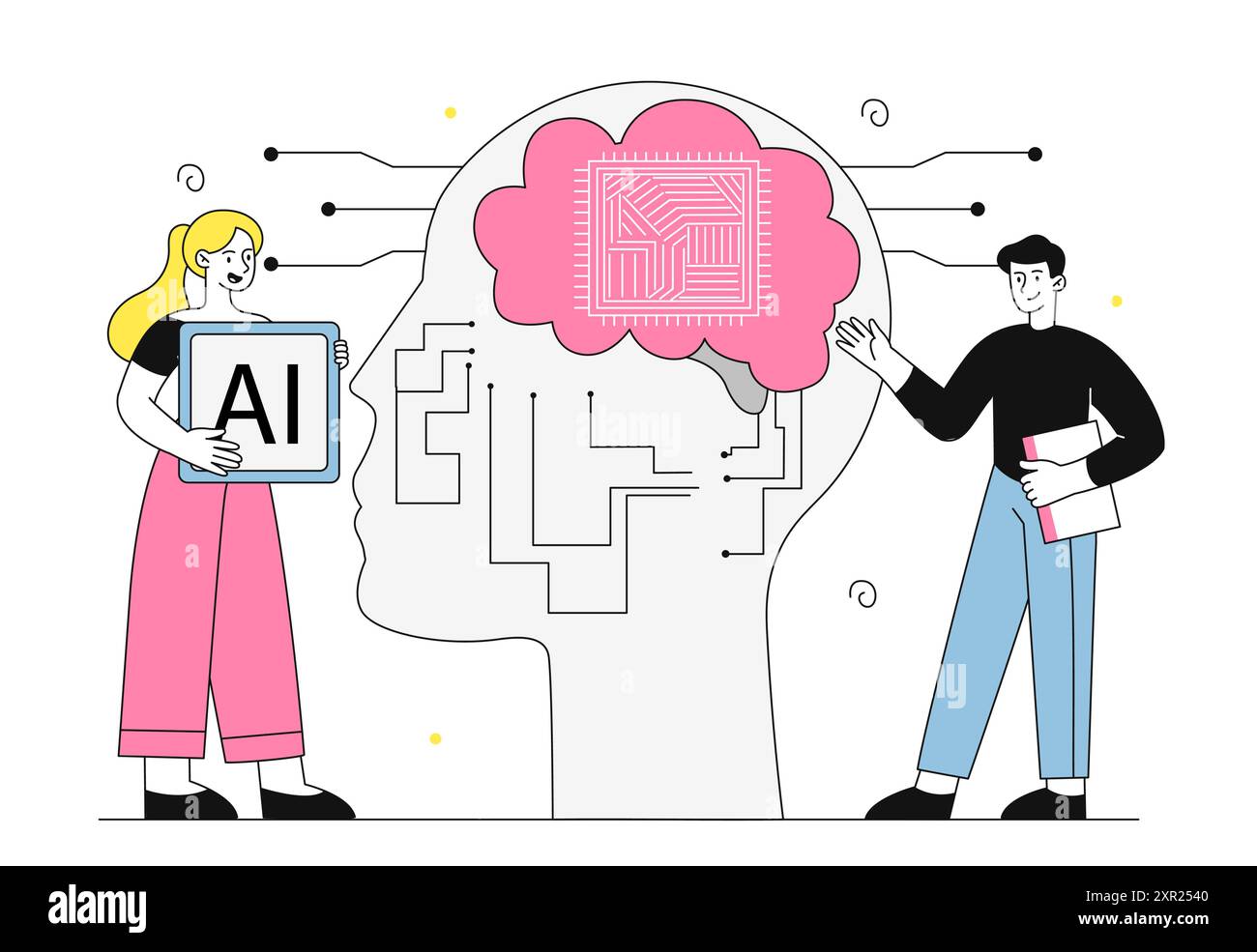 People with artificial intelligence. Man and woman stand near ...