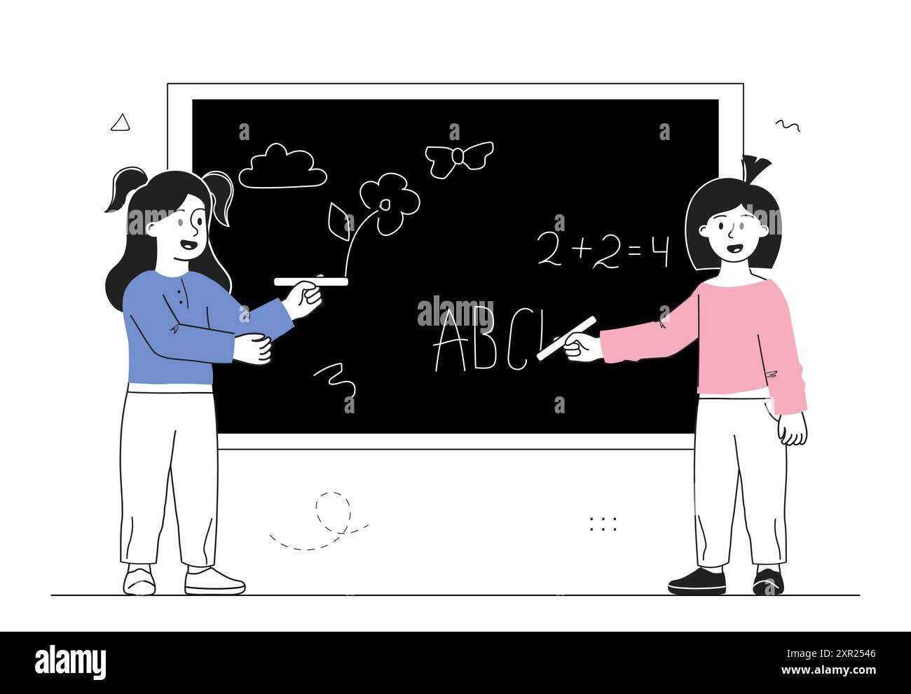 Children write on chalkboard. Girls with crayons write mathematical ...