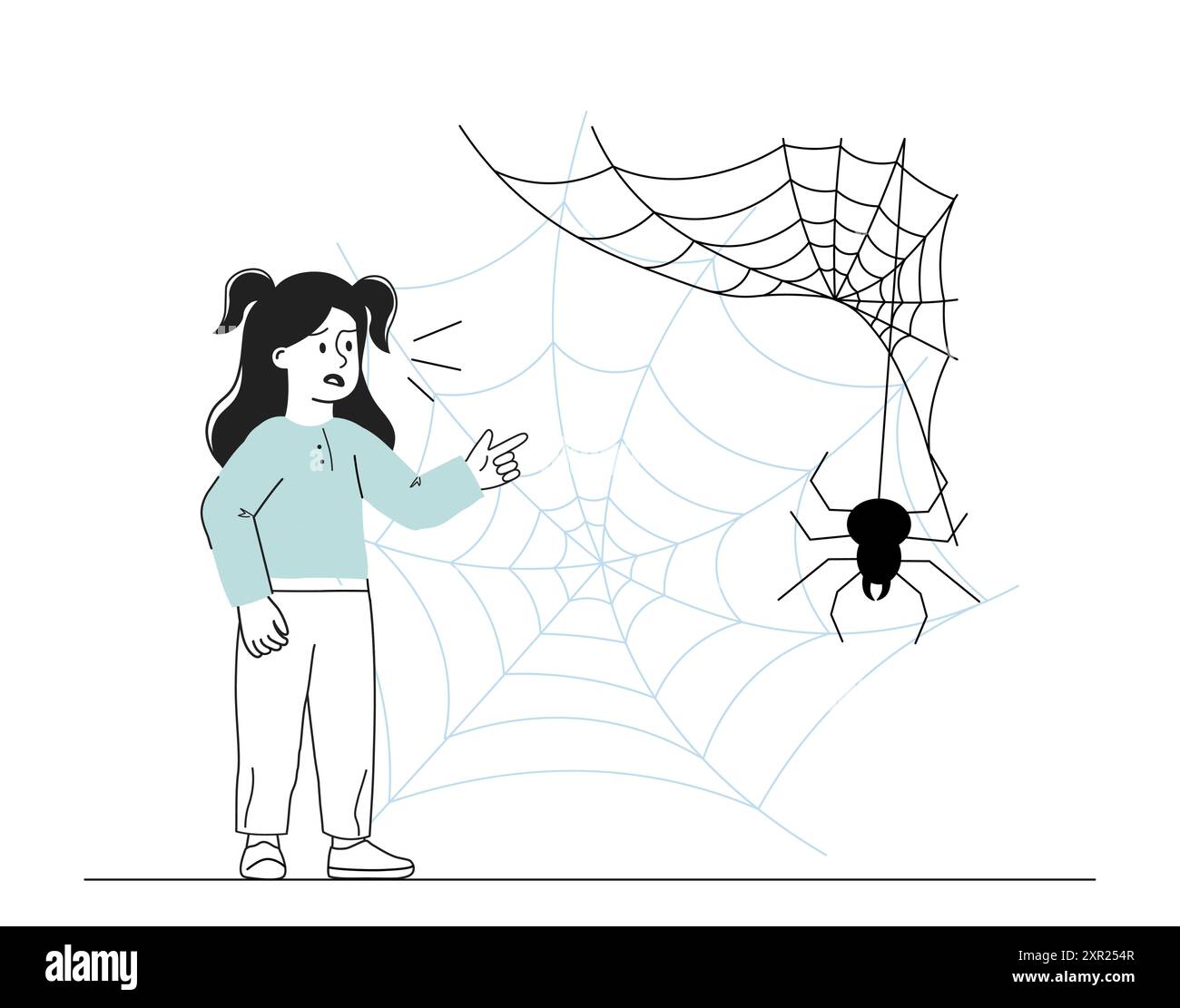 Girl with arachnophobia. Child afraid of spider on web. Fear and horror ...