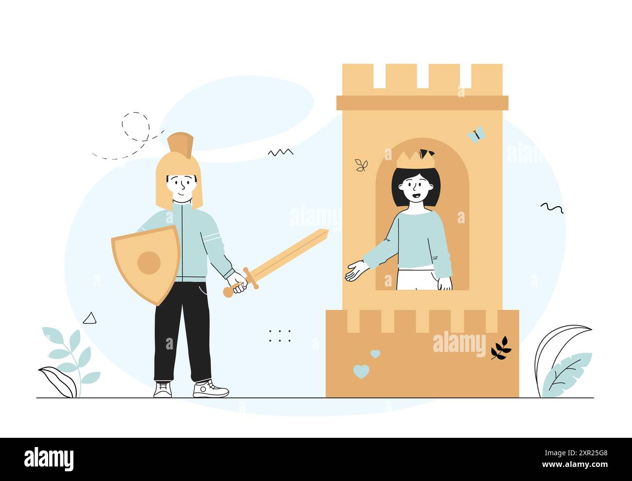 Kids with cardboard castle. Boy with wooden sword, shield and helmet ...