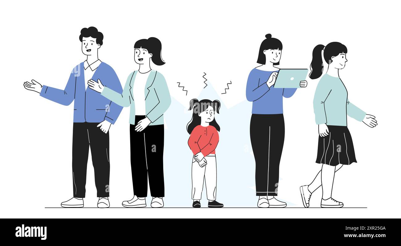 Lost little girl. Frightened child stands in crowd of unfamiliar women ...